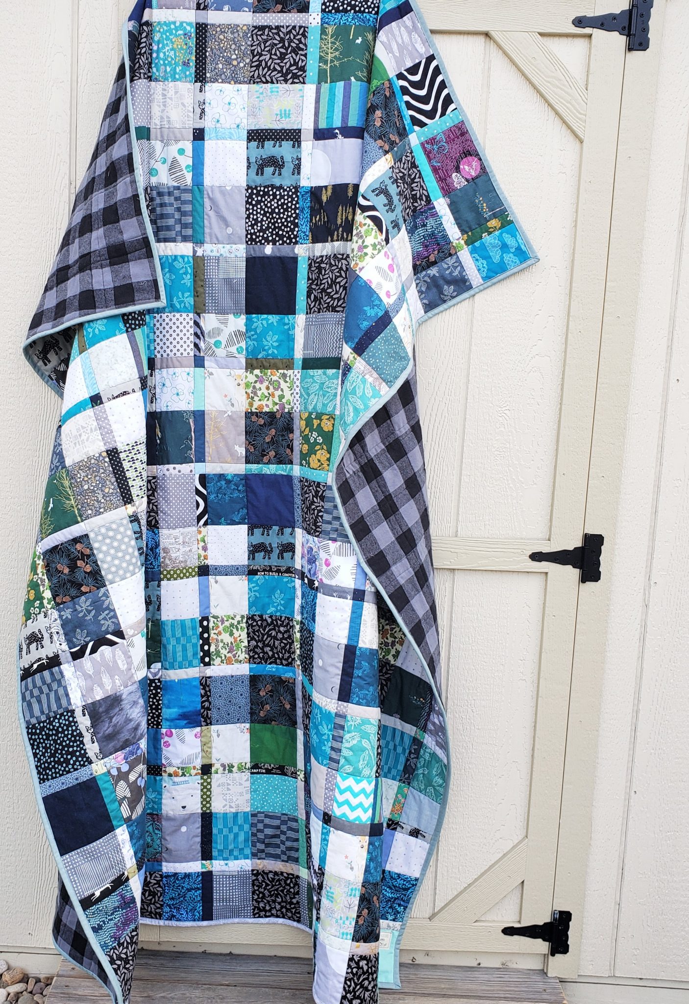 Cool Tone Scrappy Plaidish Throw Quilt Finish