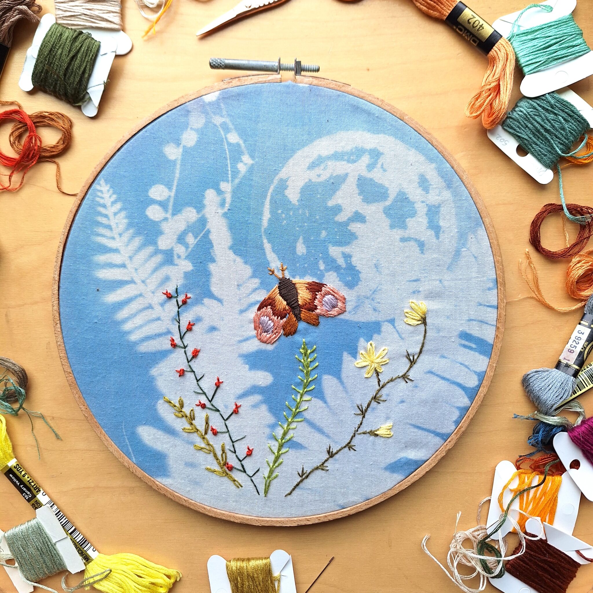 Celestial Stitching: How to Create Moth and Moon Cyanotype Embroidery